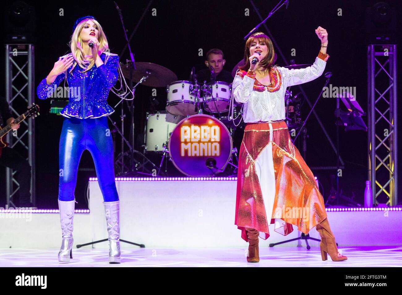 London, UK. 21st May, 2021. The cast of ABBA MANIA perform at a ...