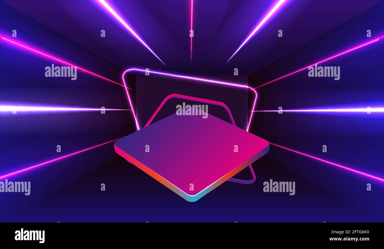 Empty neon stage for product replacement with futuristic rectangle blue ...