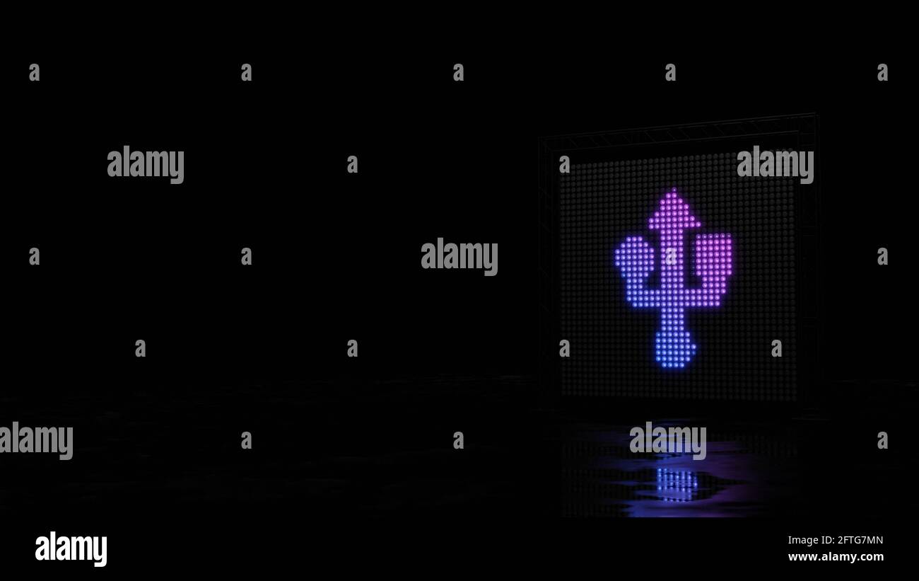 3d rendering light wall with blue violet spots shaped as symbol of usb ...