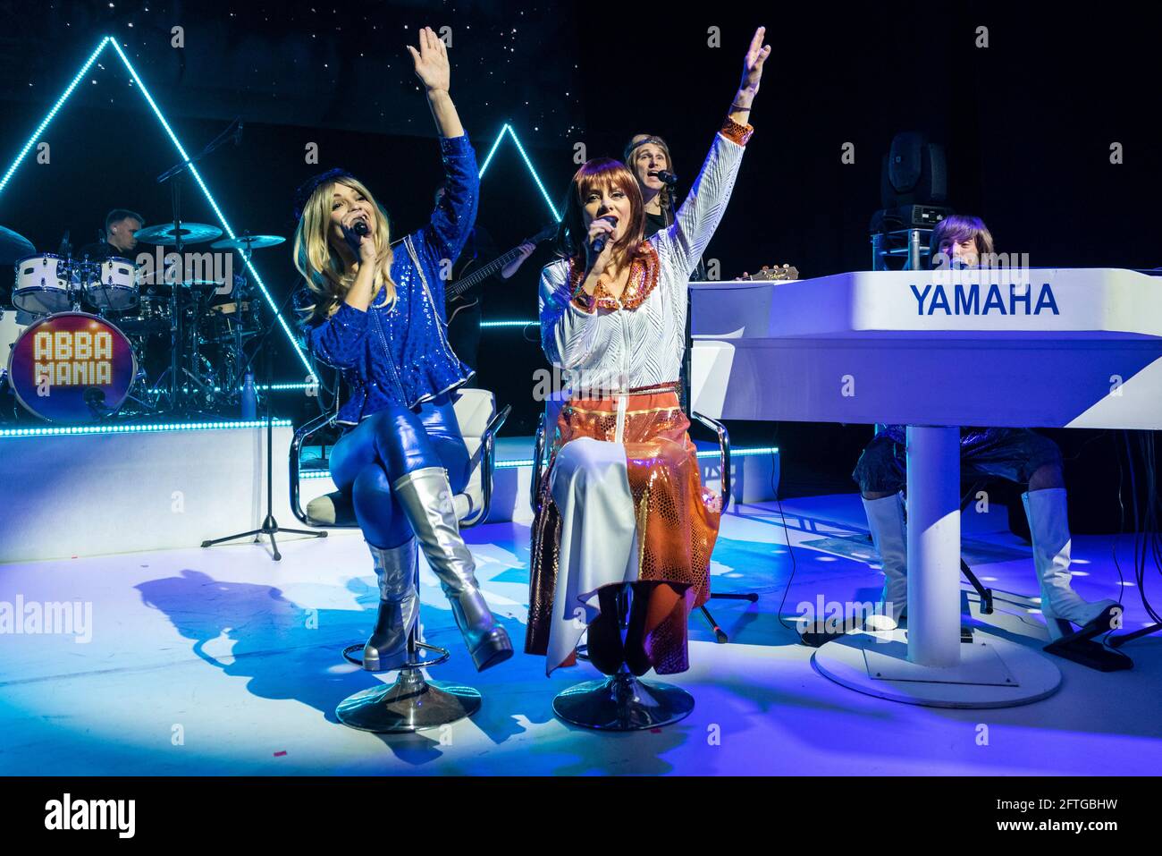 London, UK. 21st May, 2021. The cast of ABBA MANIA perform at a ...