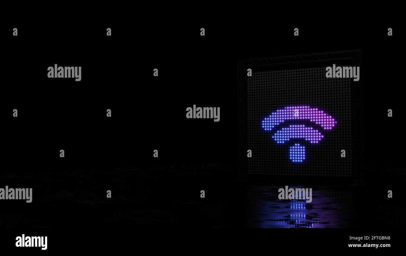 3d rendering light wall with blue violet spots shaped as symbol of Wi ...
