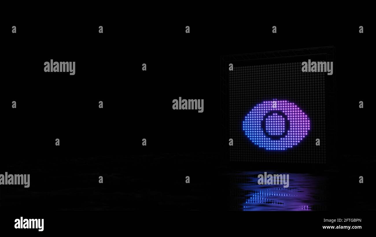 3d rendering light wall with blue violet spots shaped as symbol of open ...