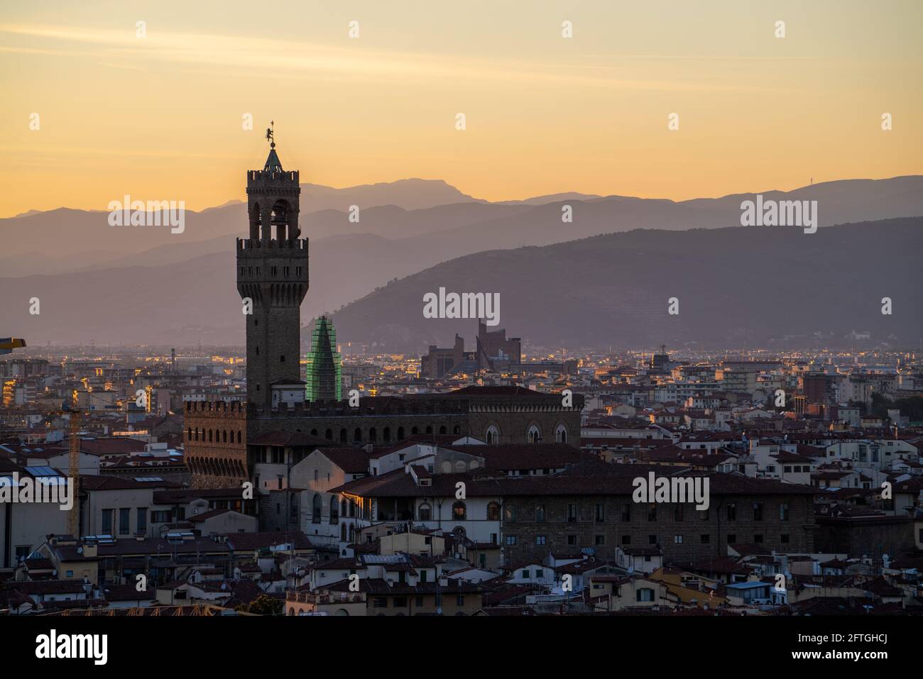 Florence or Firenze sunset aerial cityscape. Panorama view from ...