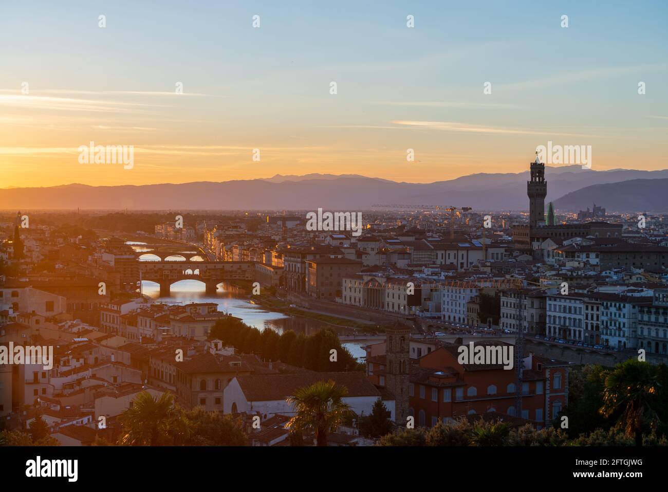 Florence or Firenze sunset aerial cityscape. Panorama view from ...