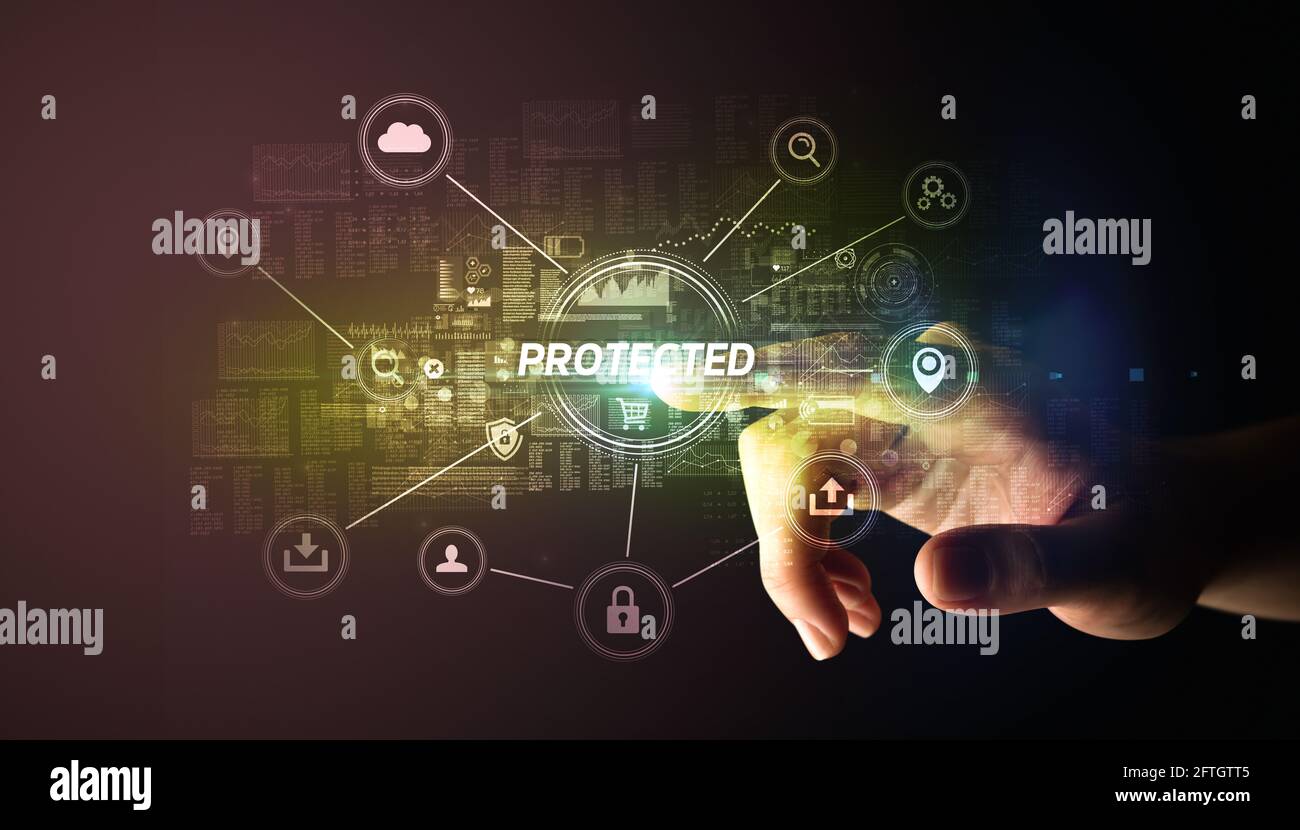 Hand touching cybersecurity button concept Stock Photo - Alamy