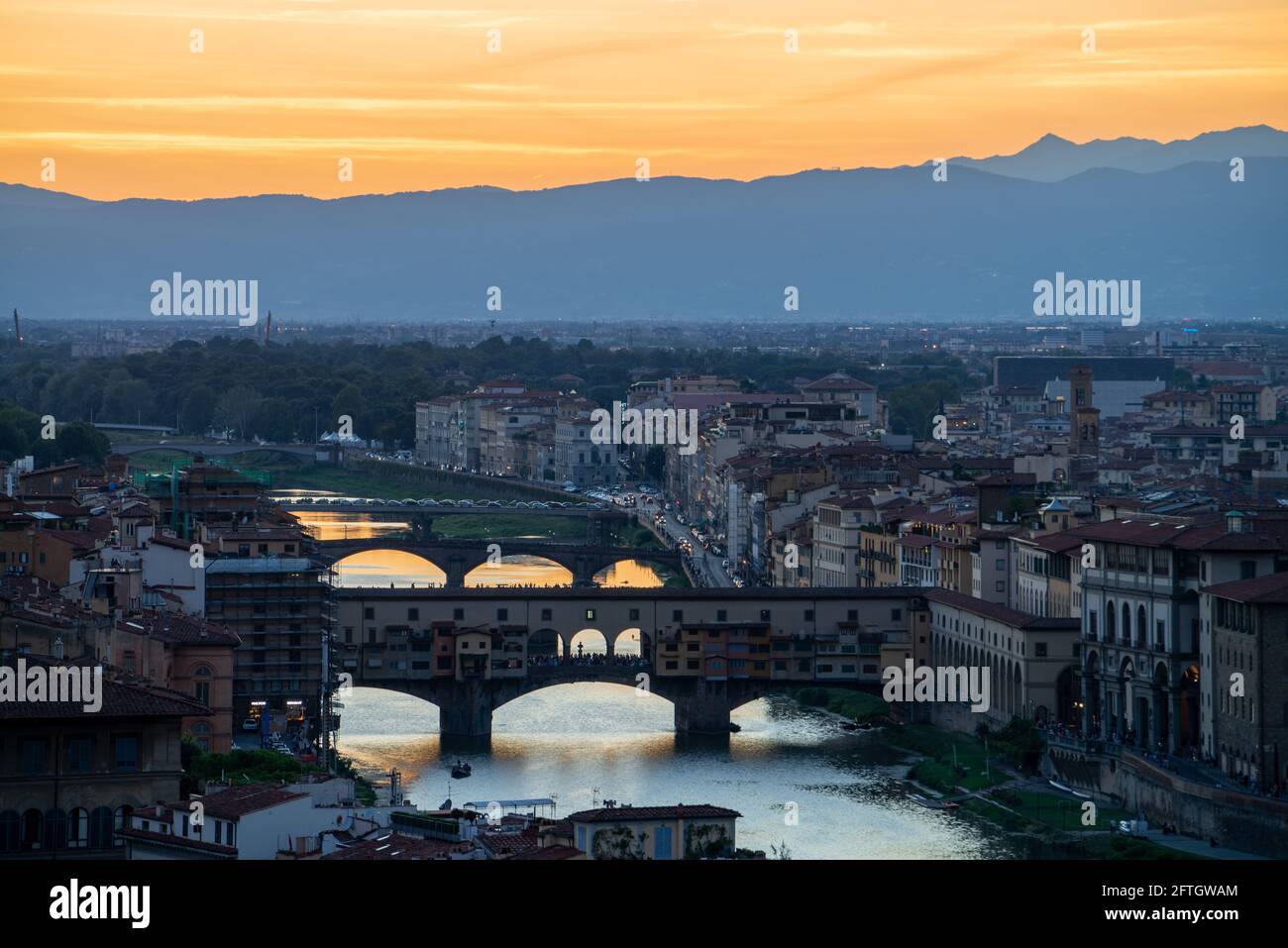 Florence or Firenze sunset aerial cityscape. Panorama view from ...