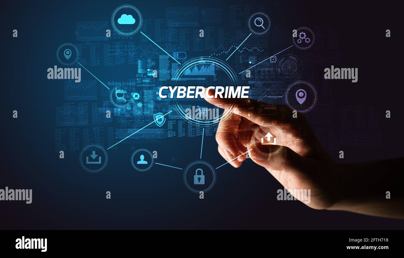 Hand touching cybersecurity button concept Stock Photo - Alamy