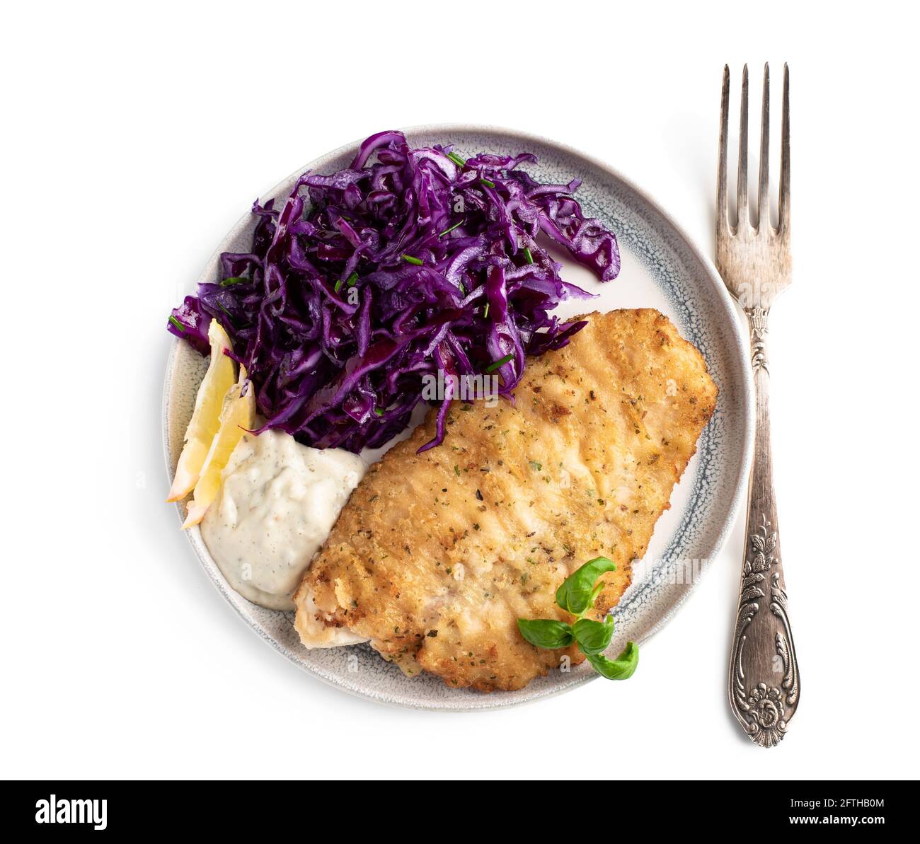 Baked fish steak with red cabbage salad isolated on white Stock Photo ...