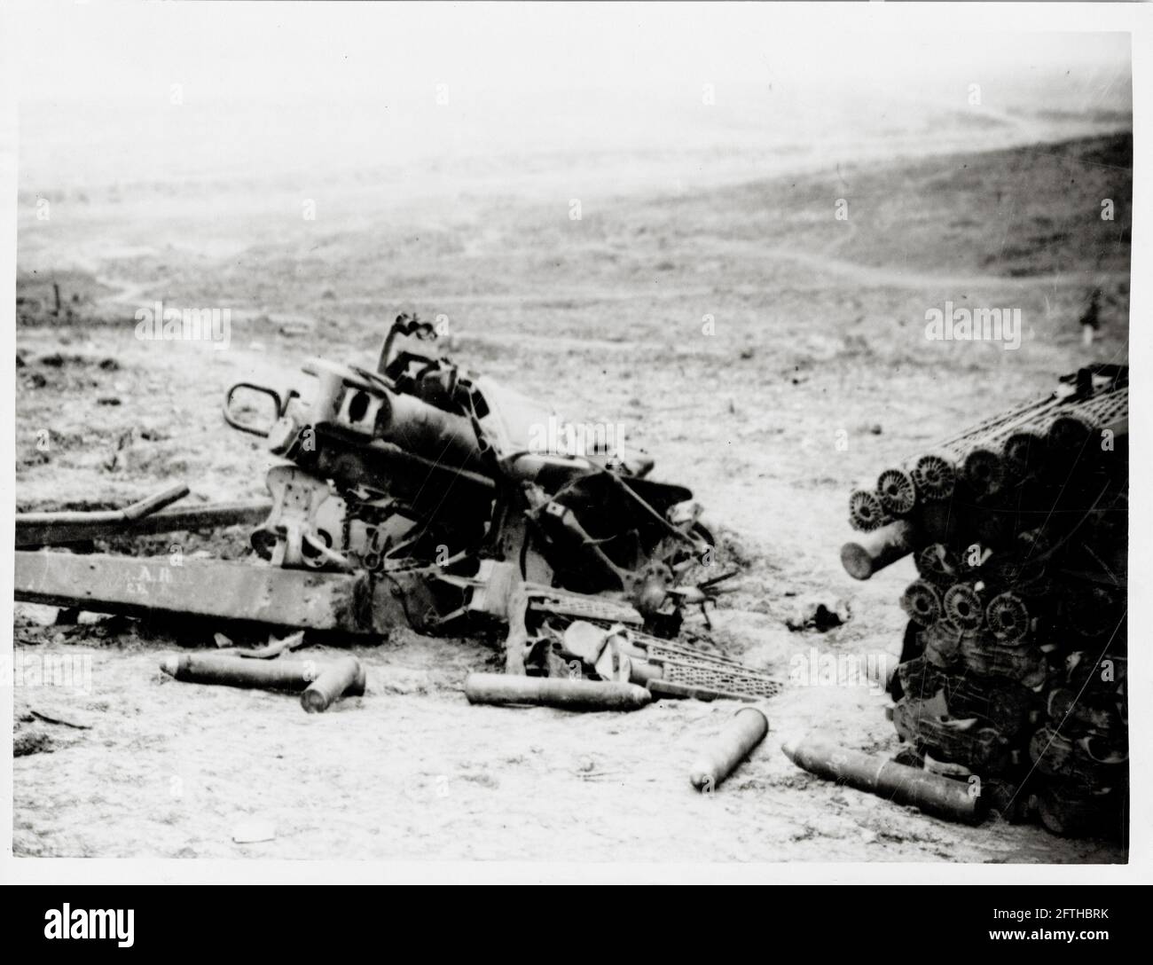 World War One, WWI, Western Front - A destroyed German gun with shells ...
