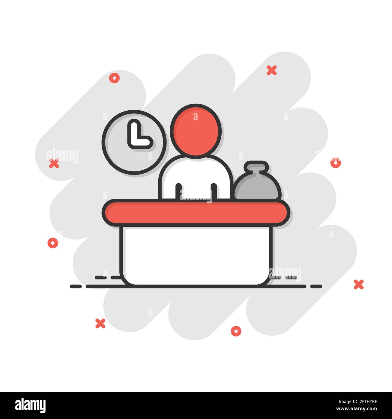 Check in reception icon in comic style. Booking service cartoon vector ...