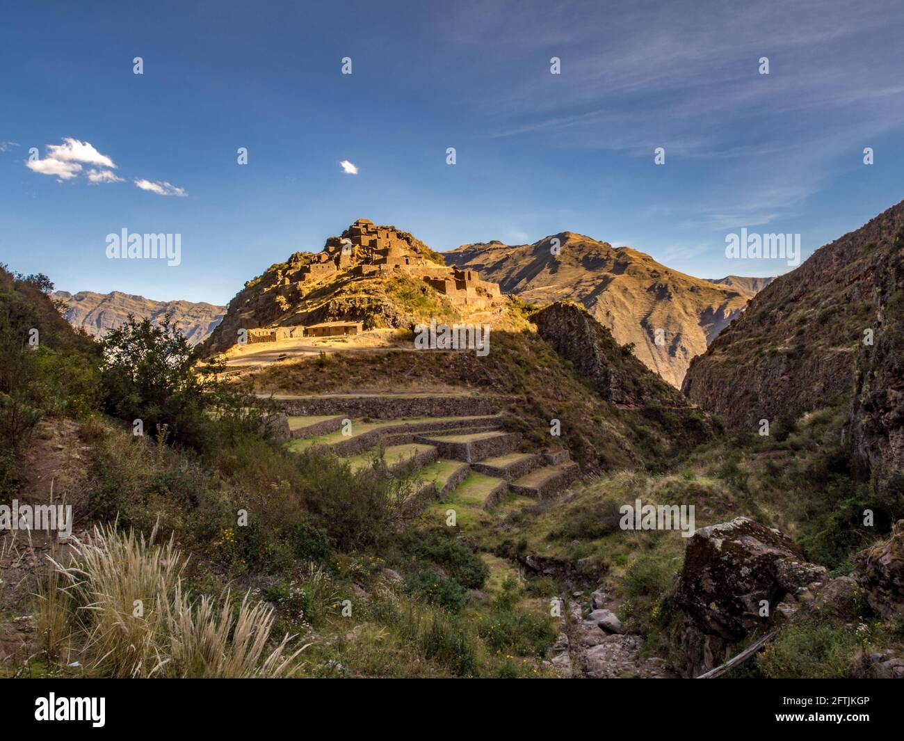 Pisac, Peru - May 2016: Farmland terraces next to the ruins in the city ...