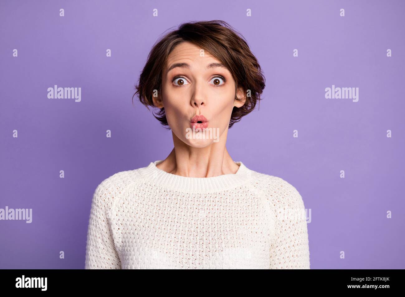 Photo of nice hairdo person staring shocked mouth lips wearing sweater ...