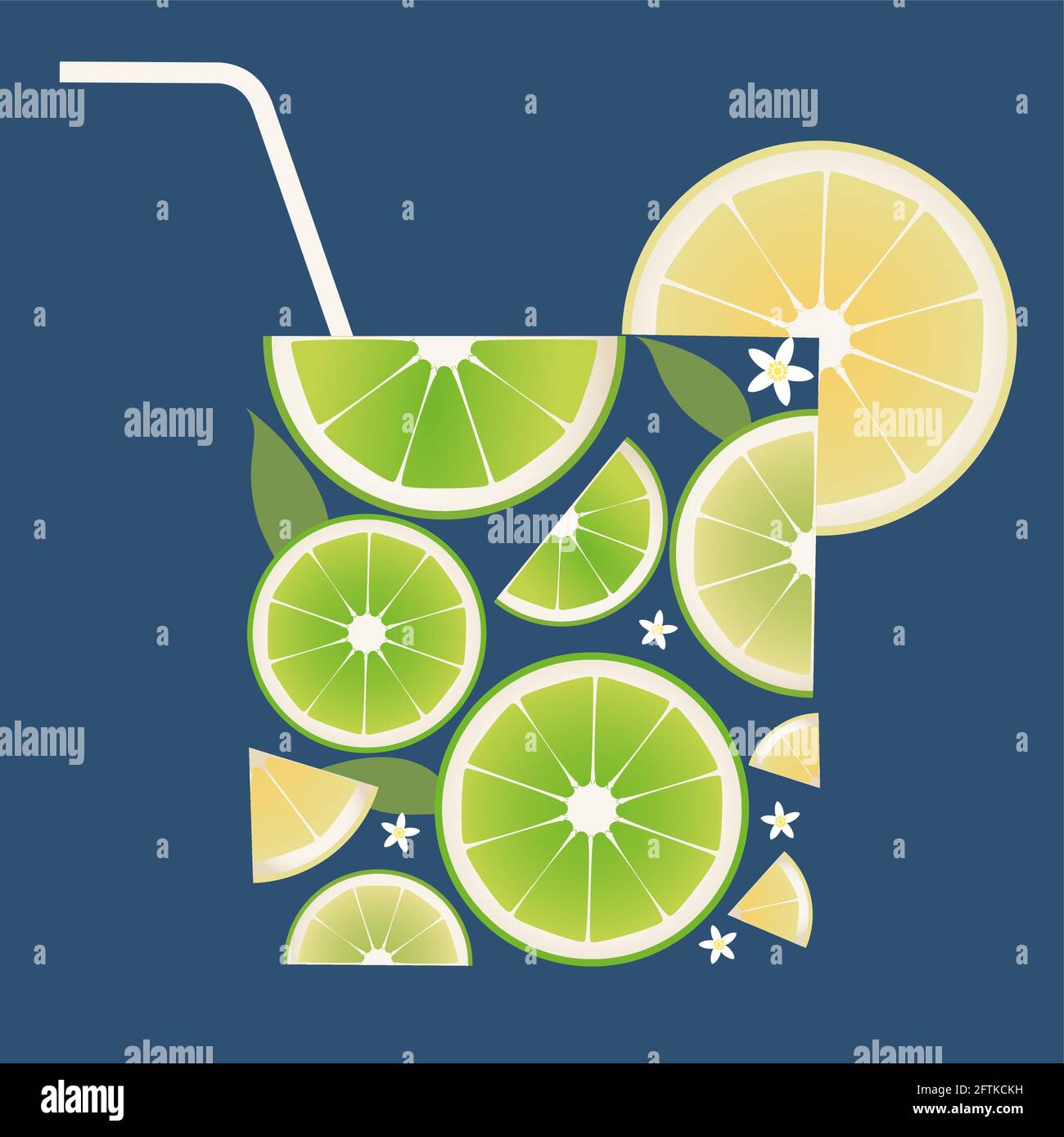 Glass of citrus juice or cocktail made up of lime wedges, lemon ...