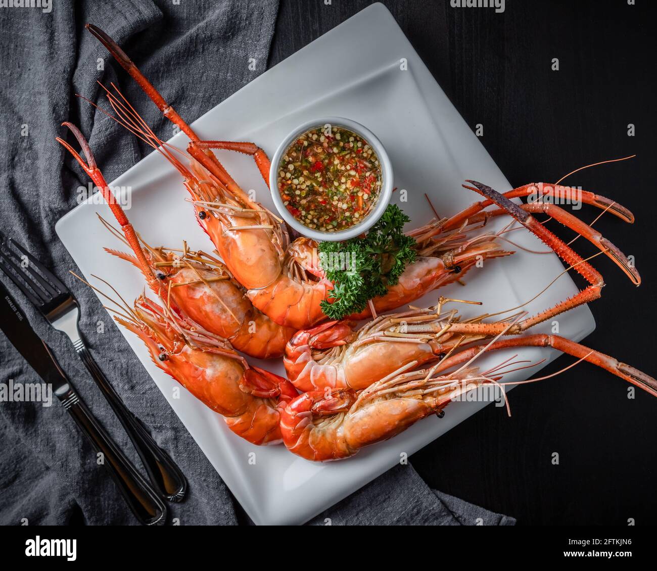 Grilled Freshwater Prawns with Spicy Seafood Dip Stock Photo - Alamy
