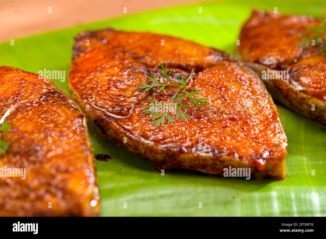 Seer fish fry arranged beautifully and garnished with coriander leaf ...