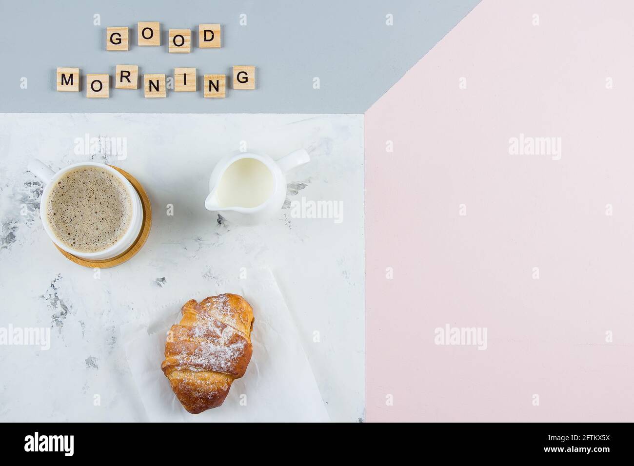 Good Morning Breakfast Minimalism Concept. Cup of coffee, croissant and ...