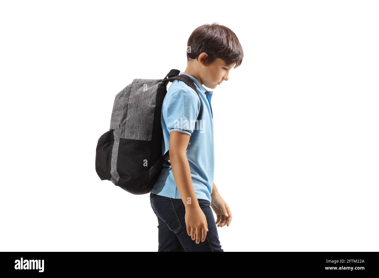 Sad schoolboy with a backpack isolated on white background Stock Photo ...