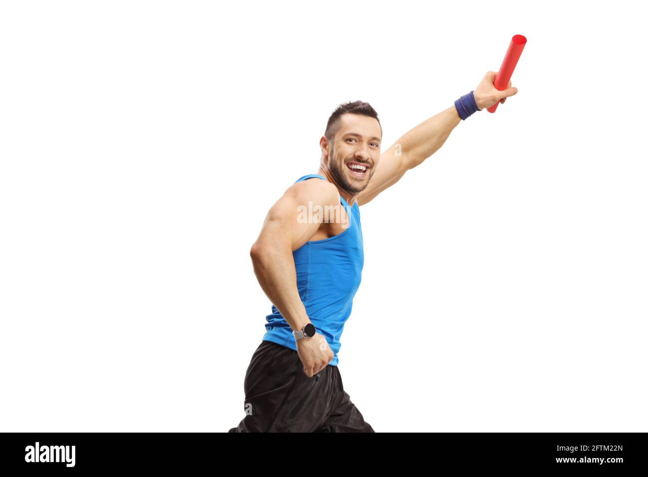 Young man running a relay race with a baton in his hand isolated on ...