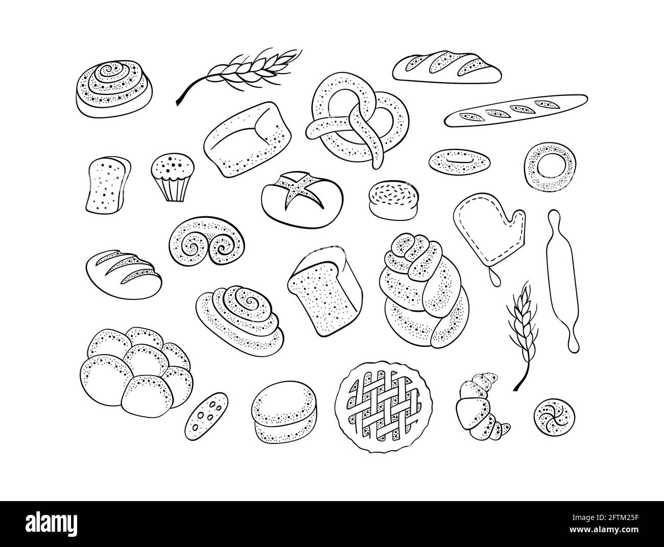 Bakery doodles hand drawn collection. Buns and bread icons. Vector ...