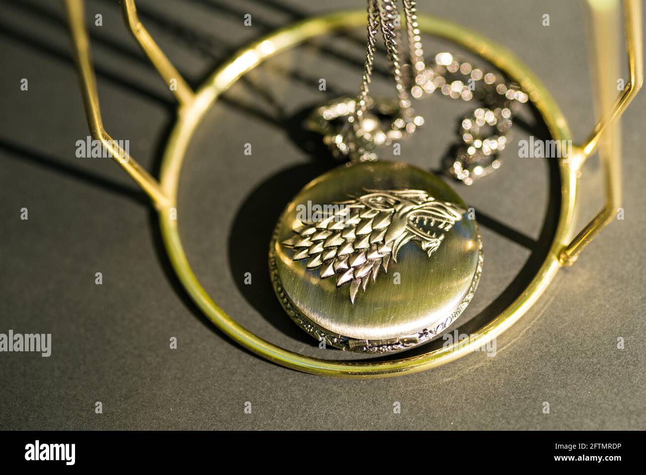 Pocket watch with a wolf head design closeup. Selective Focus Stock ...