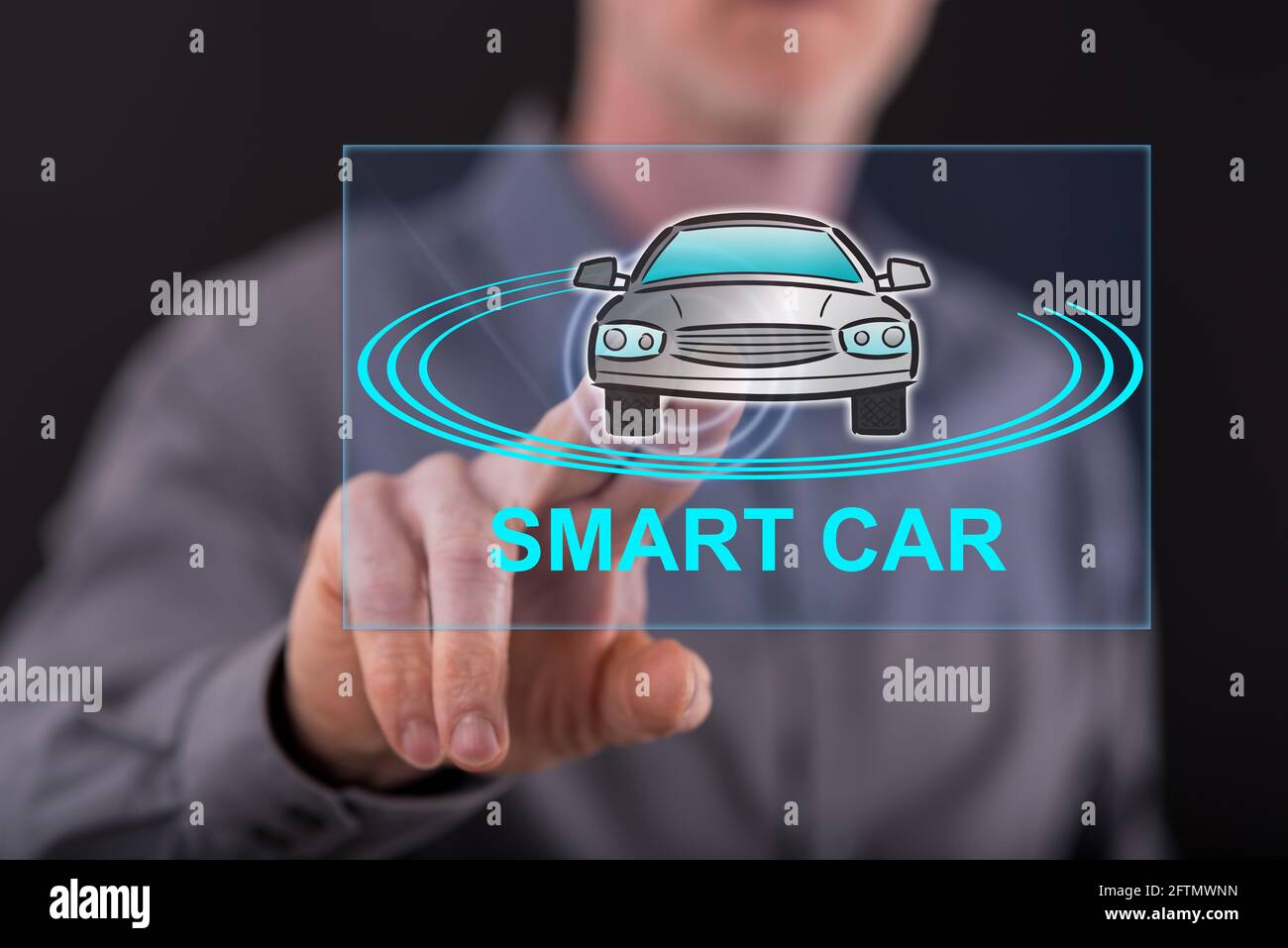 Man touching a smart car concept on a touch screen with his finger ...