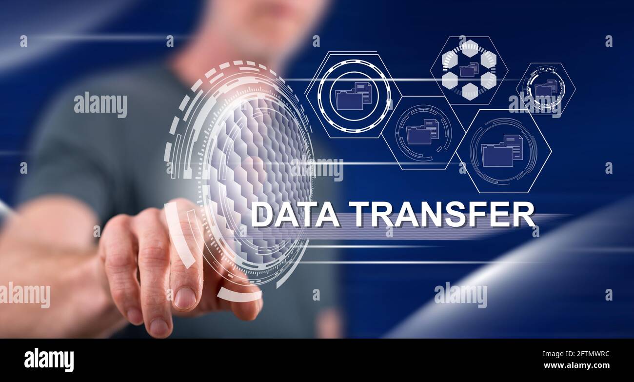 Man touching a data transfer concept on a touch screen with his finger ...