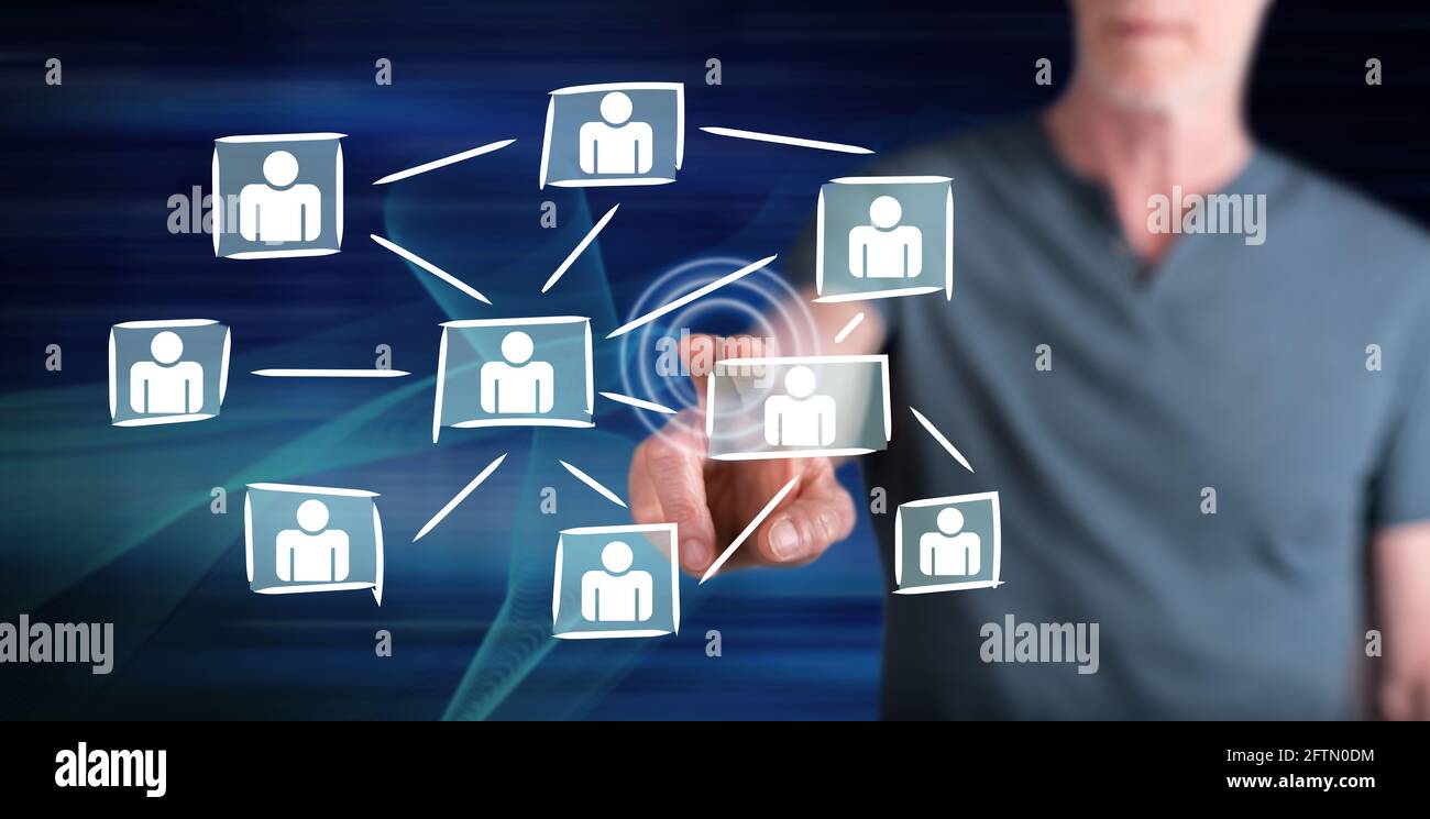 Man touching social media network on a touch screen with his finger ...