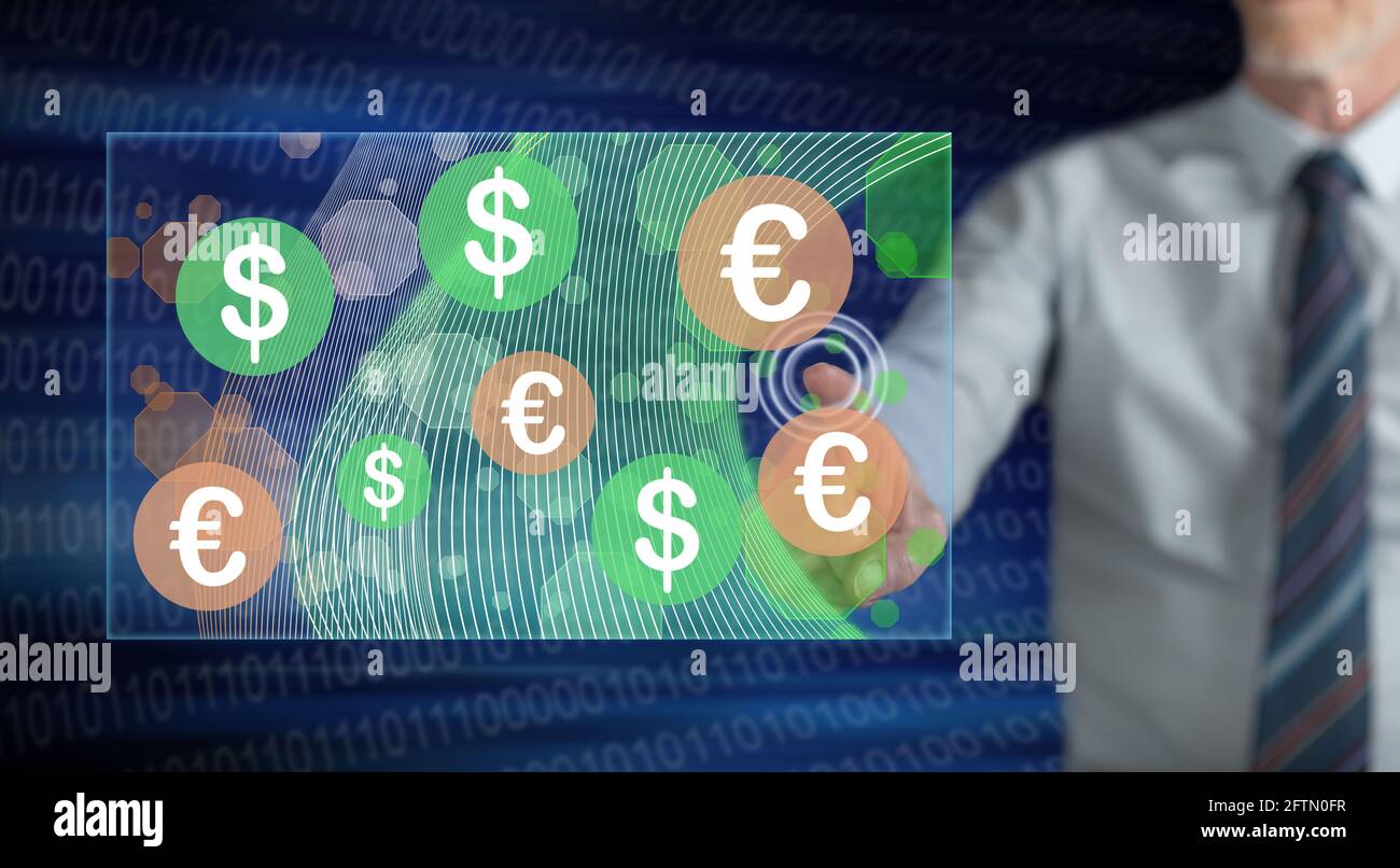 Man touching currency exchange concept on a touch screen with his ...