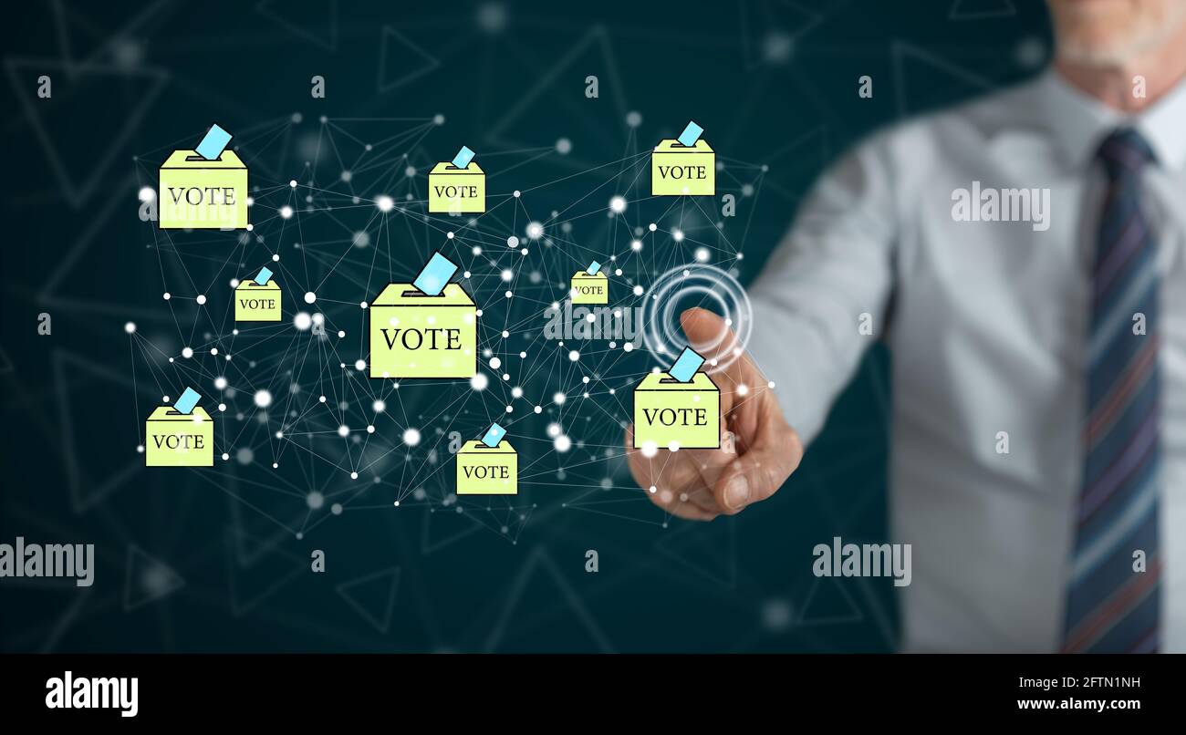 Man touching an online voting concept on a touch screen with his finger ...