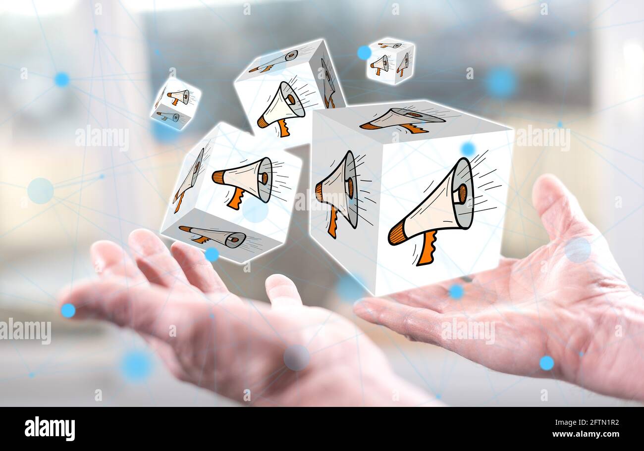 Communication concept above the hands of a man Stock Photo - Alamy