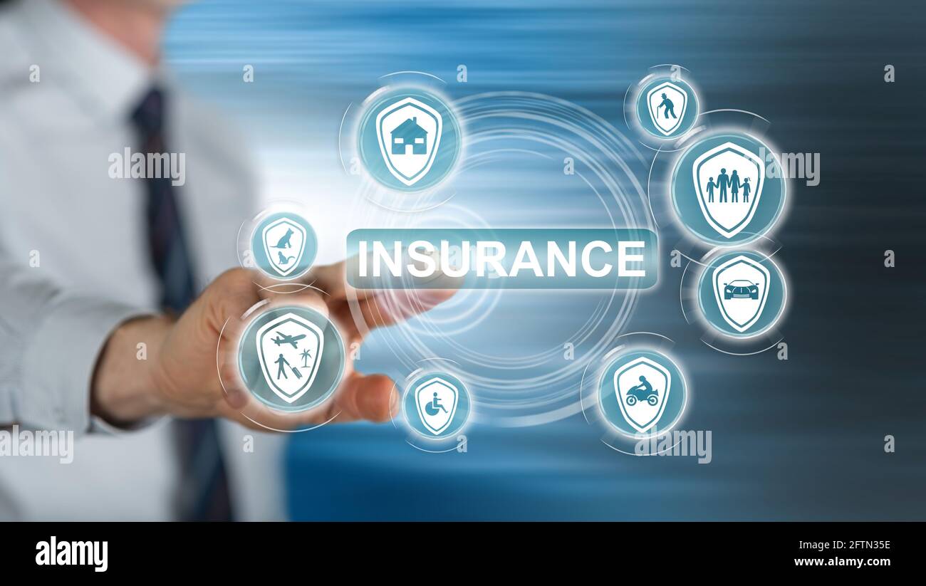Man touching an insurance concept on a touch screen with his finger ...