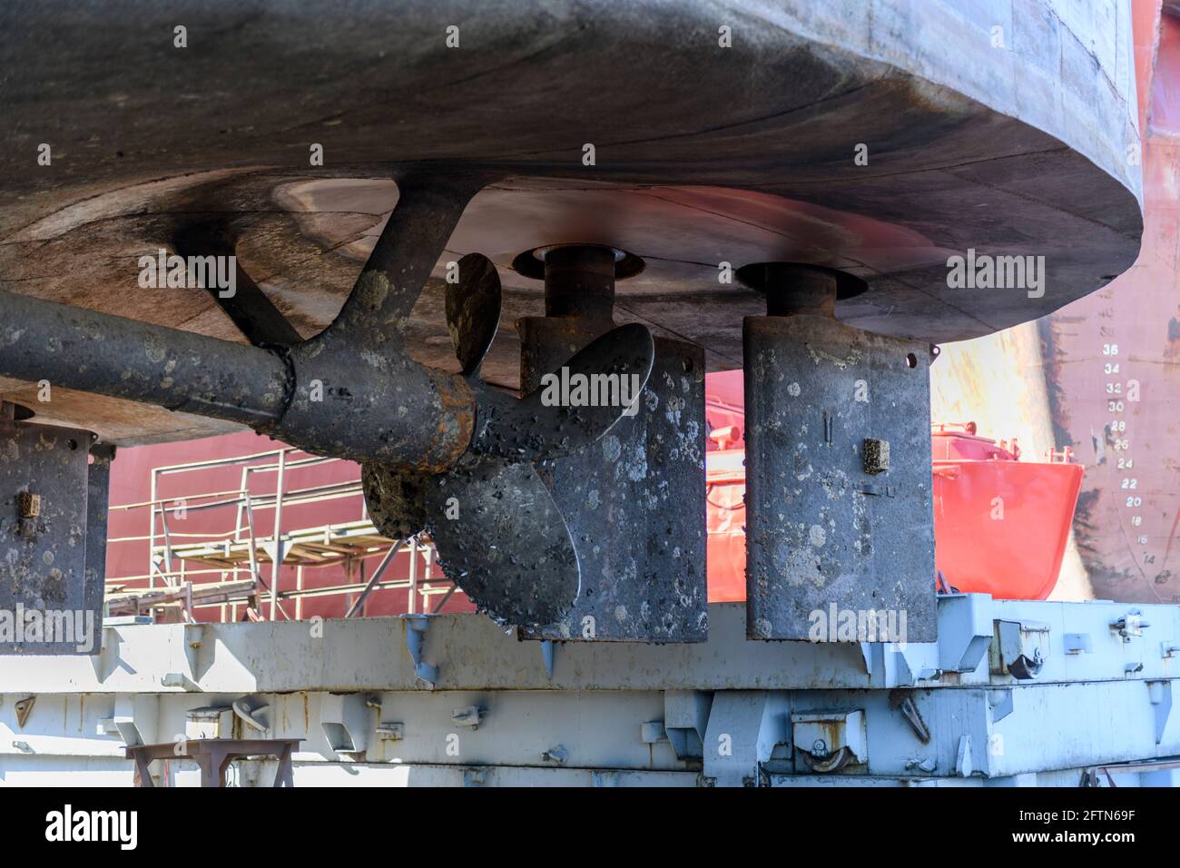 Fixed blade propeller and rudder with shells. Cargo vessel ashore on ...