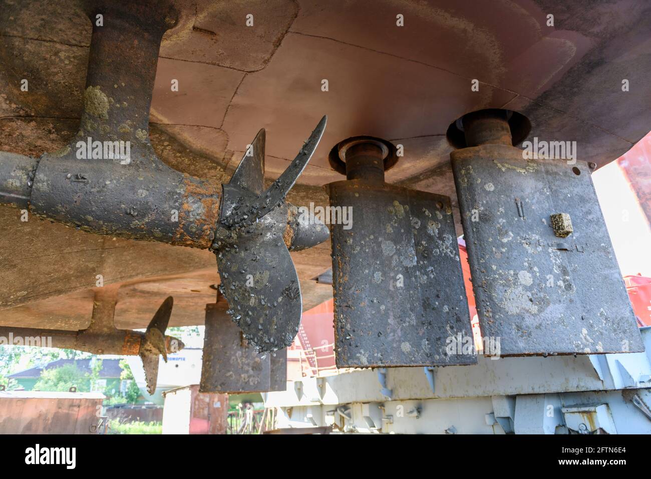 Fixed blade propeller and rudder with shells. Cargo vessel ashore on ...