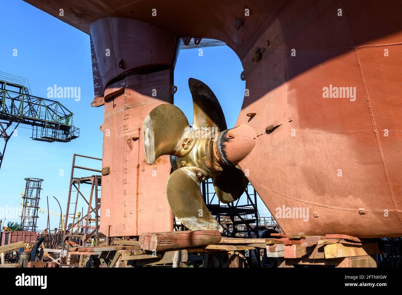Variable pitch propeller and rudder. Cargo vessel ashore on ship ...