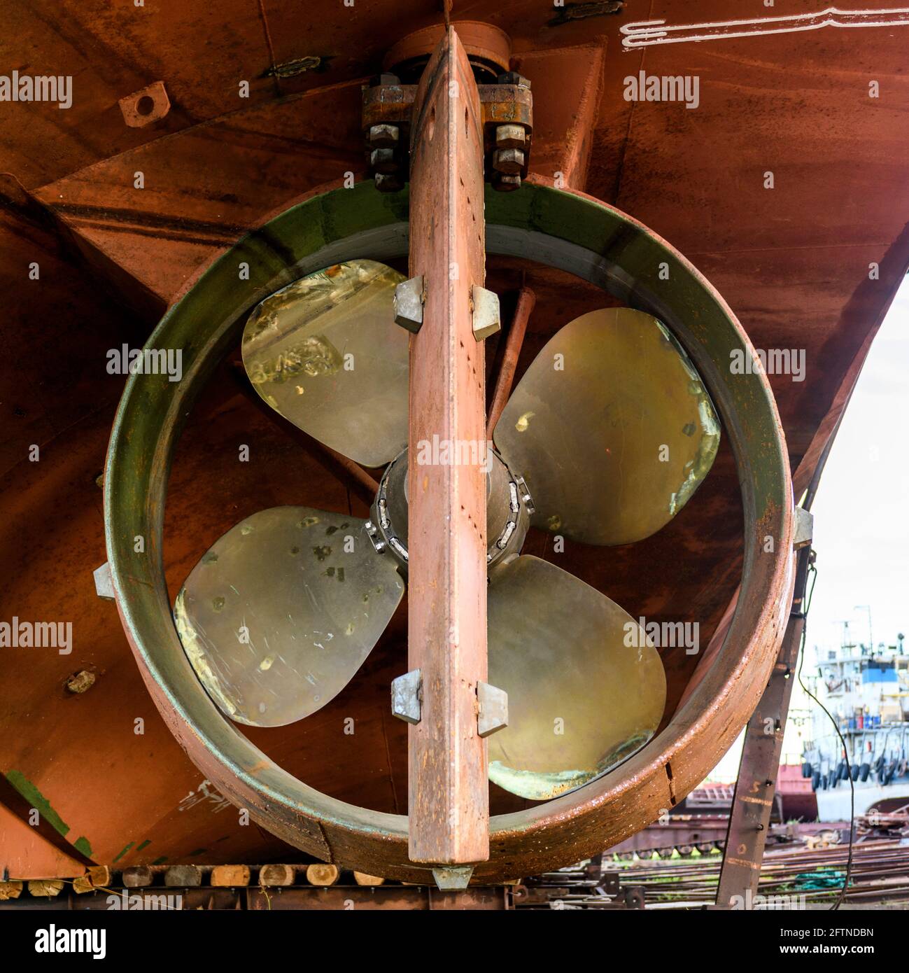 Variable pitch propeller and rudder. Cargo vessel ashore on ship ...