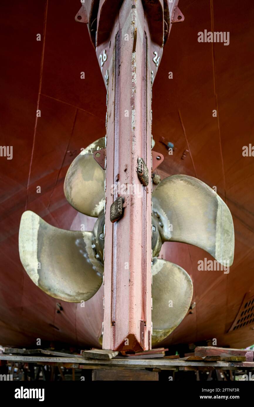 Variable pitch propeller and rudder. Cargo vessel ashore on ship ...