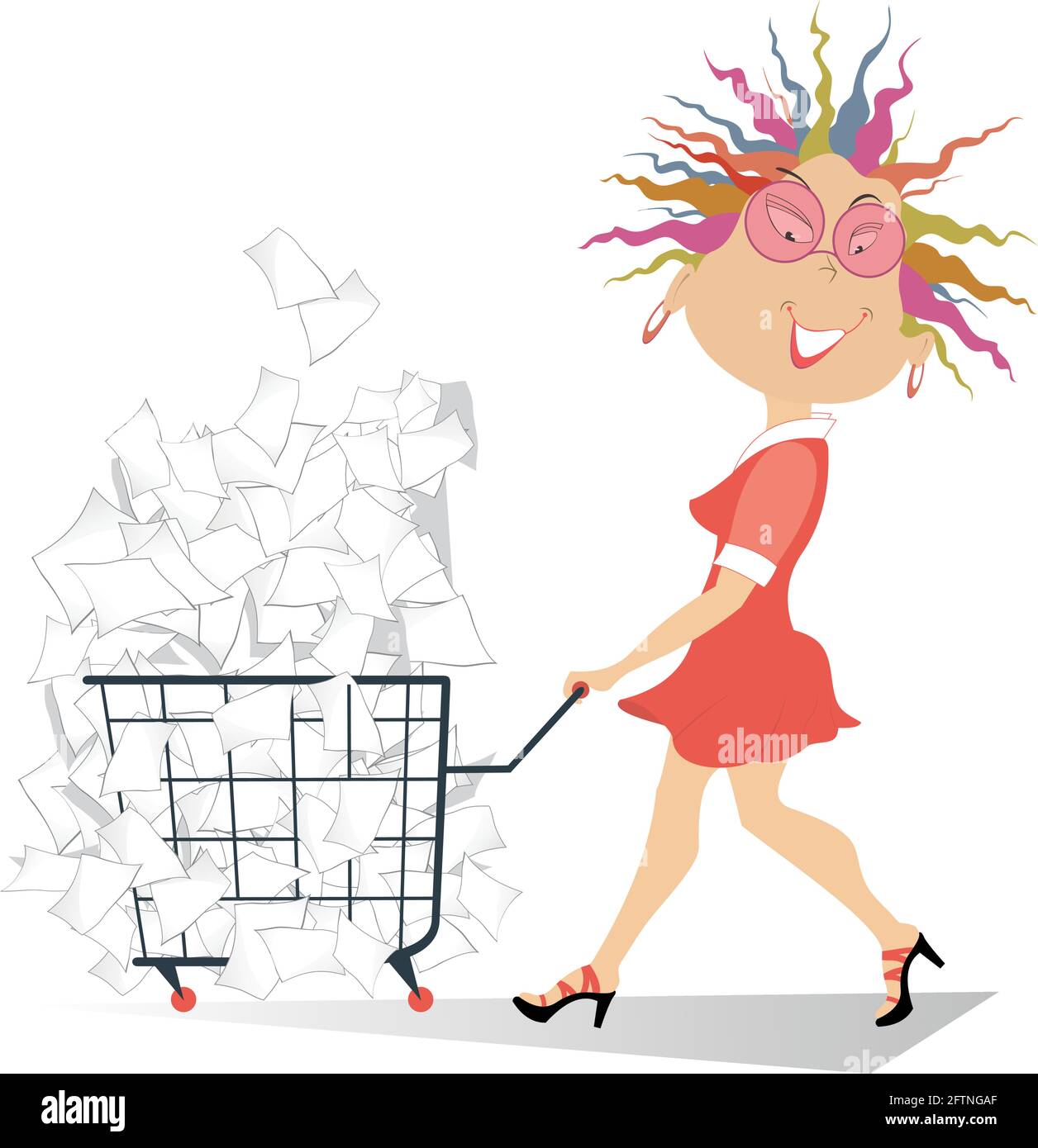 Cartoon young woman with a trolley full of papers illustration ...