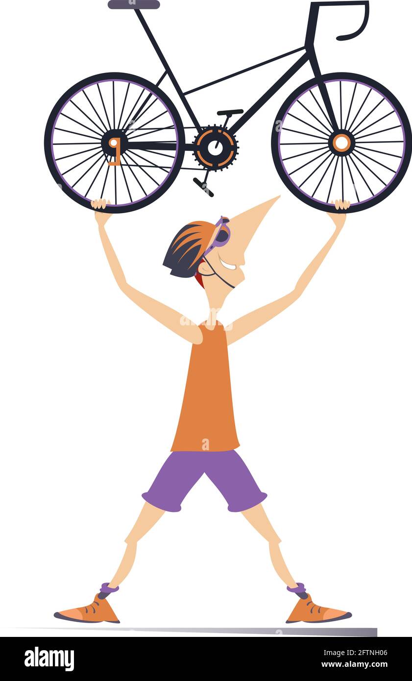 Cartoon cyclist man with a bike illustration. Smiling cyclist man in ...