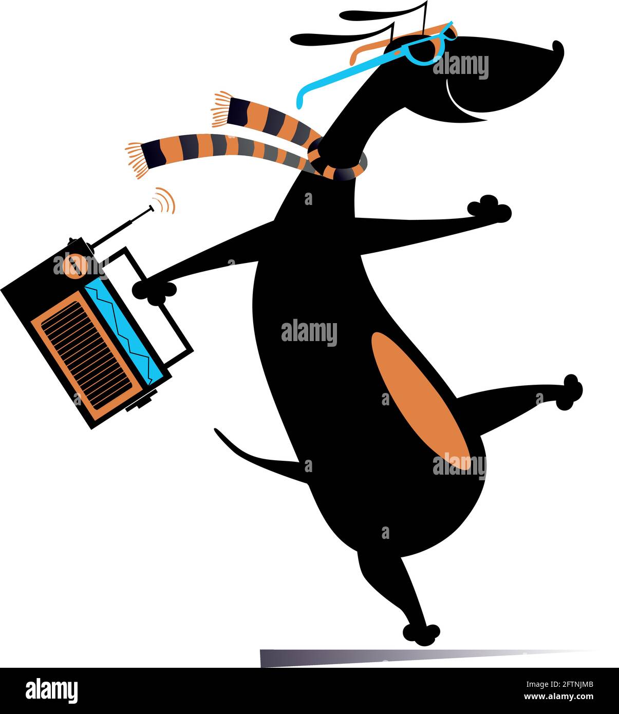 Cartoon dog with a radio illustration. Dancing dog in sunglasses holds ...