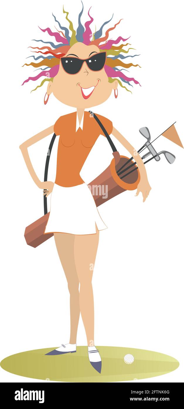 Young woman a golfer on the golf course illustration. Cartoon golfer ...