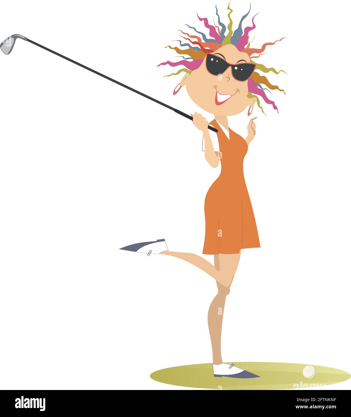 Young golfer woman on the golf course illustration. Cartoon smiling ...