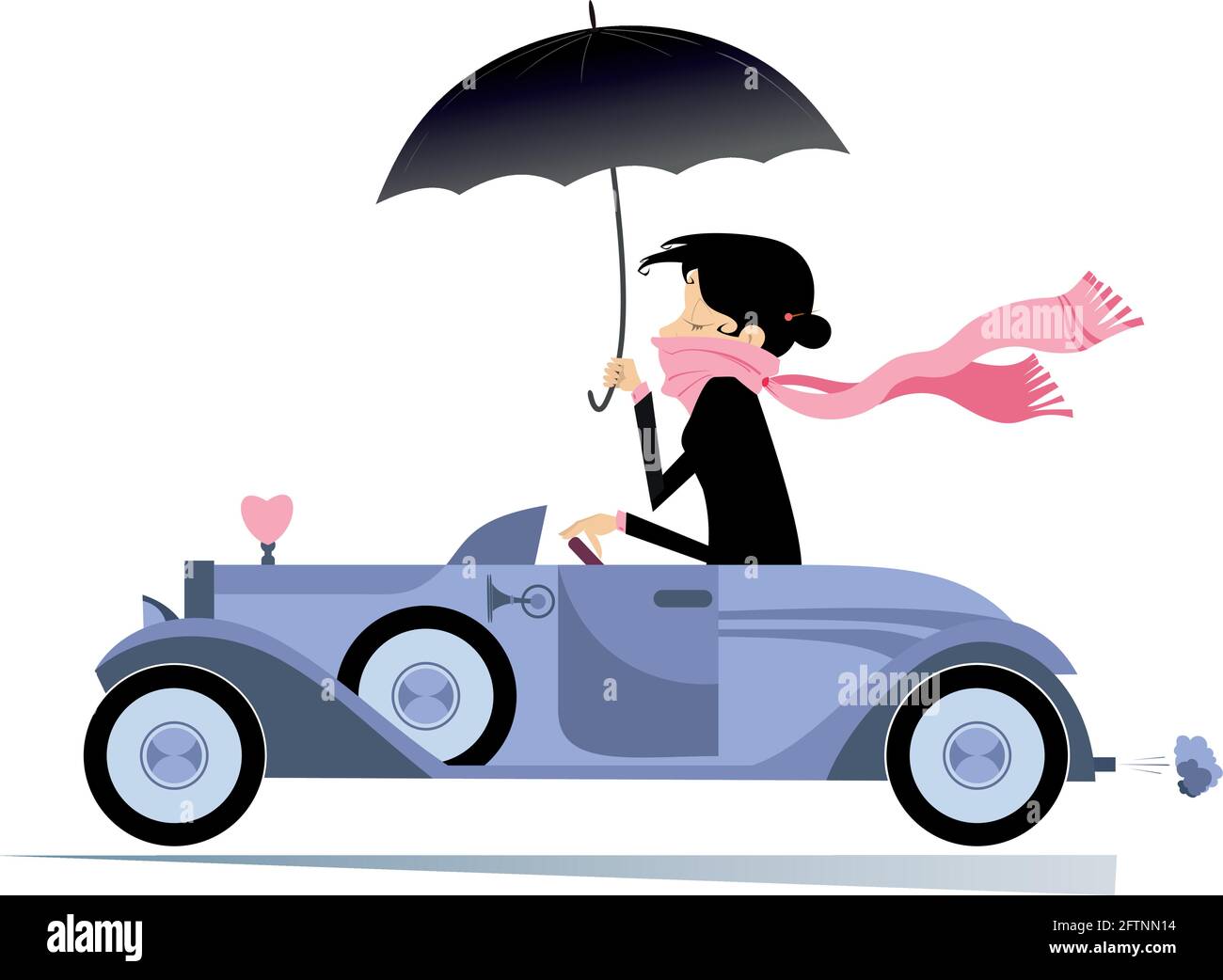 Pretty woman drives car illustration. Elegant young woman with a long ...