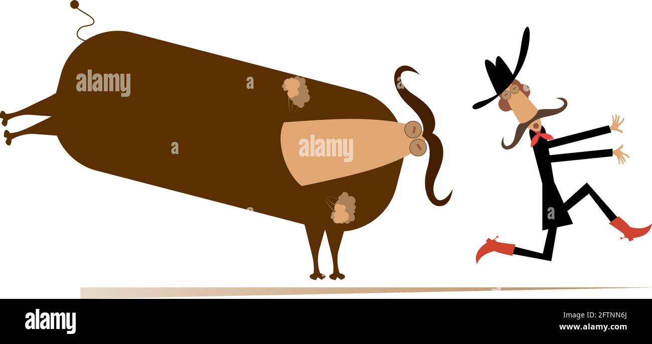 Farmer or cowboy and angry bull illustration. Frightened farmer or ...