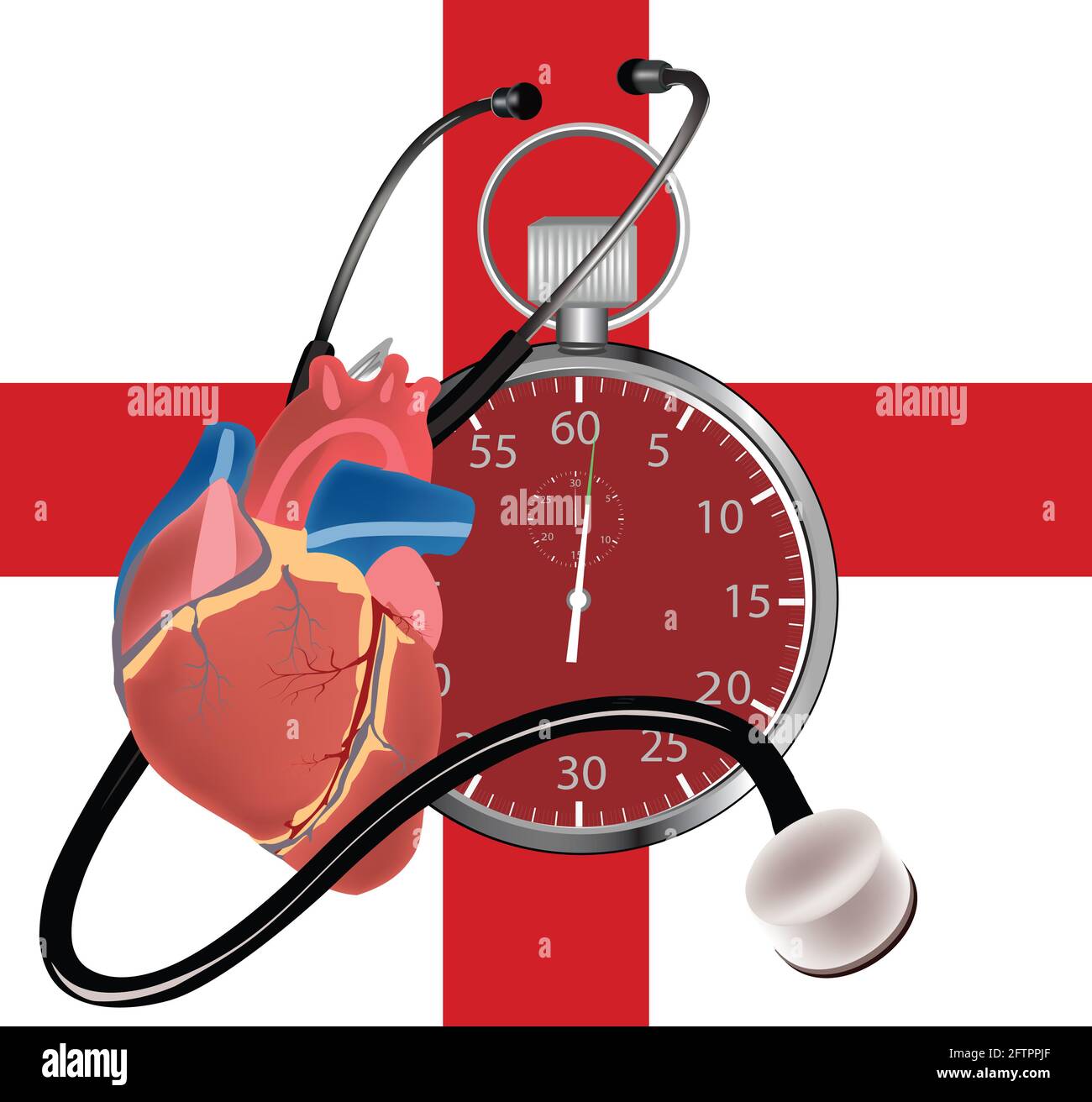 Illustration of a red cross, human heart, stethoscope and a red ...