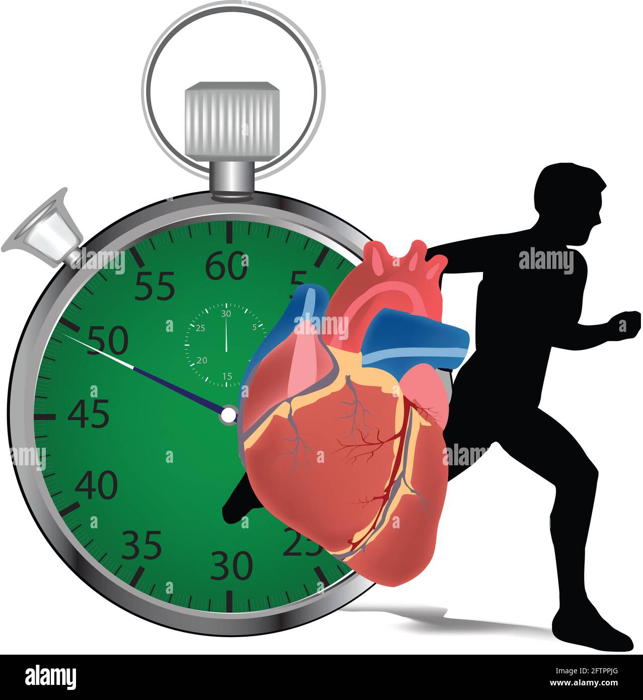 Illustration of a green stopwatch with athletes and a human heart on a ...