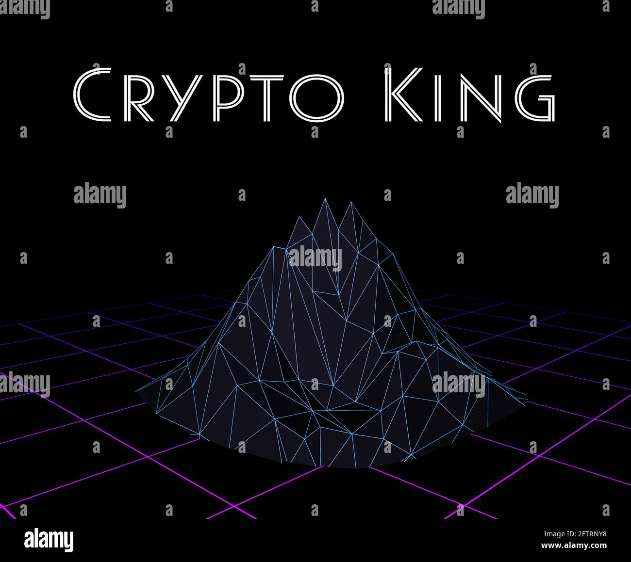 Crypto King - NFT nonfungible tokens concept. Retro low poly grid and mountain wireframe on ...
