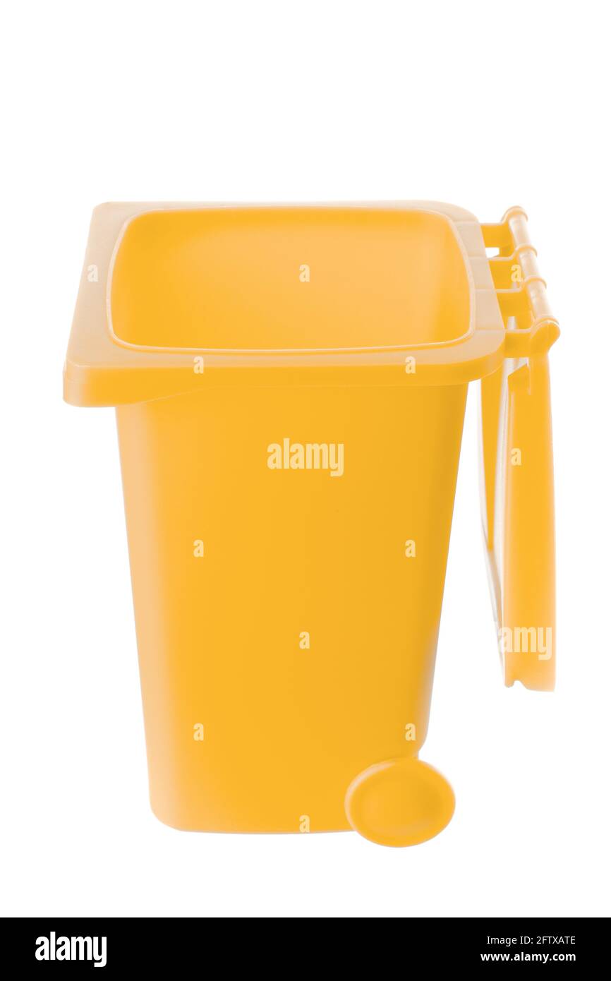 Plastic yellow trash can isolated on white background Stock Photo - Alamy