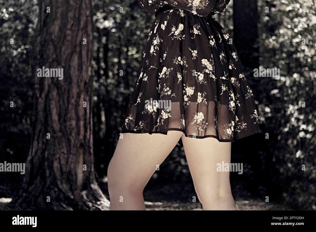 hips of a young woman walking in a forest park in a dress Stock Photo ...