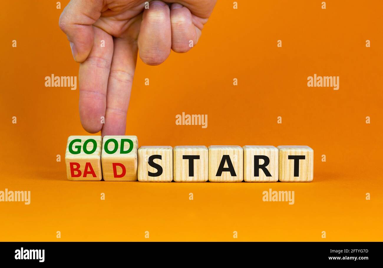Good or bad start symbol. Businessman turns wooden cubes and changes ...