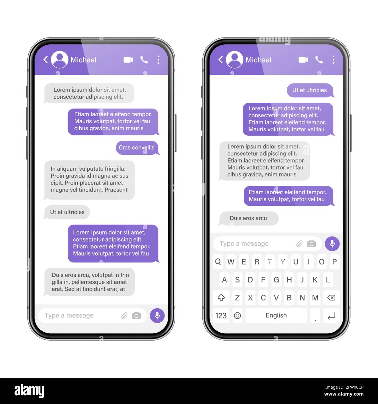 Realistic smartphone with messaging app. SMS text frame. Messenger chat ...